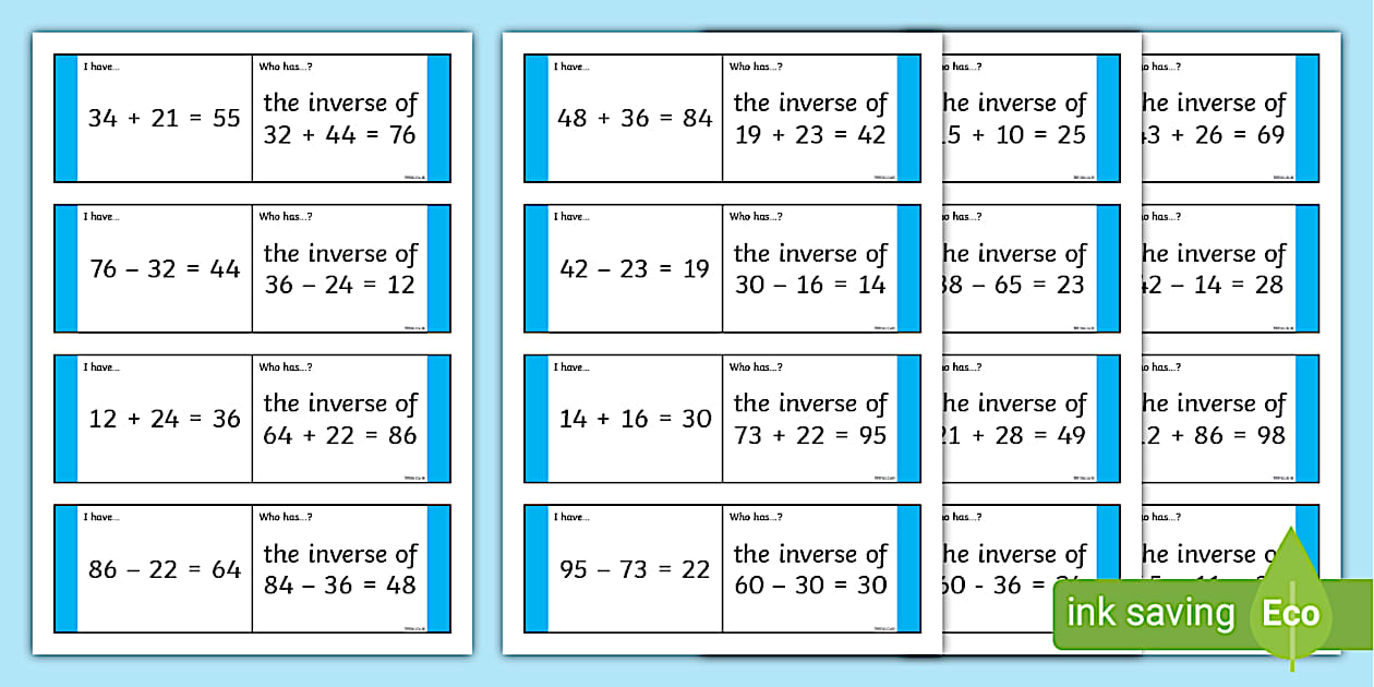 I Have Who Has Inverse Addition Subtraction Loop Cards