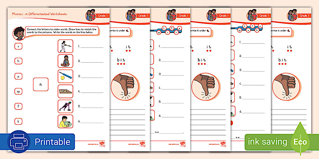 Grade 1 Phonics: -it Differentiated Worksheets - Twinkl