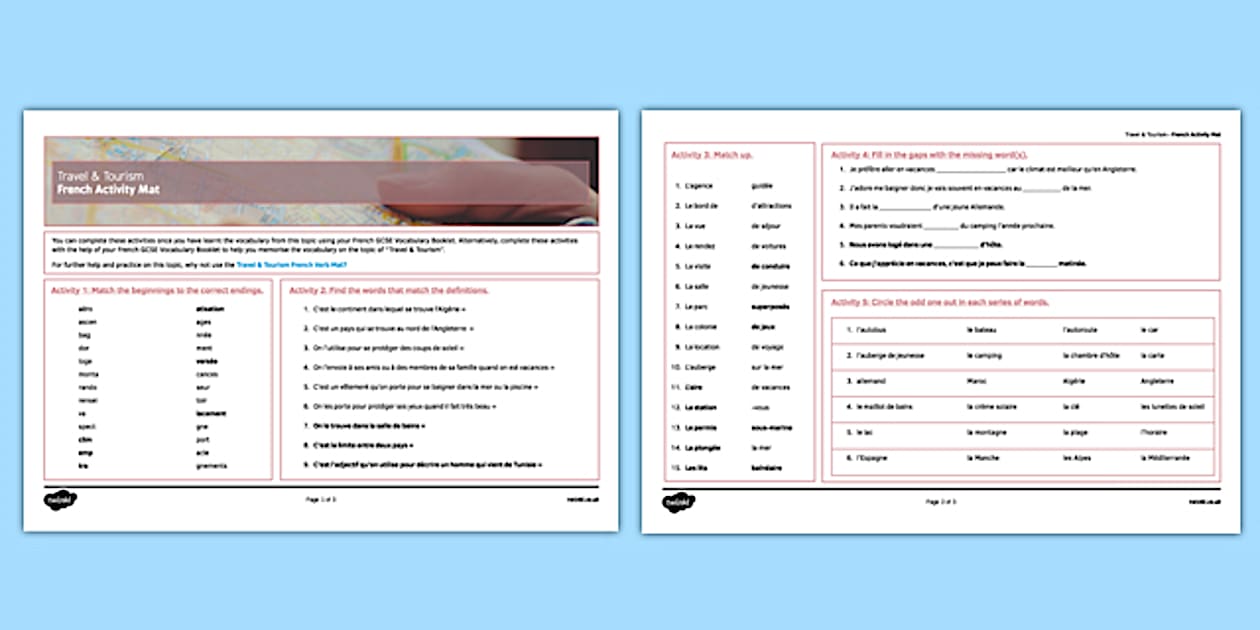 Travel and Tourism French Activity Mat - Twinkl