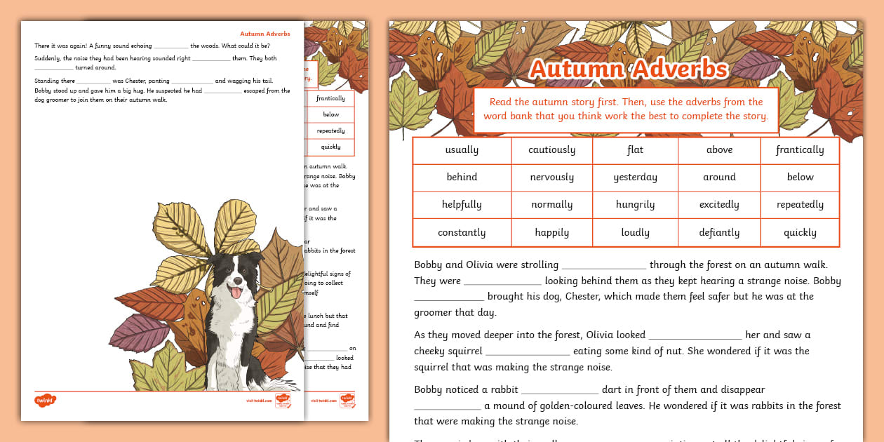 Autumn Adverb Cloze Worksheet - KS2 (teacher made) - Twinkl