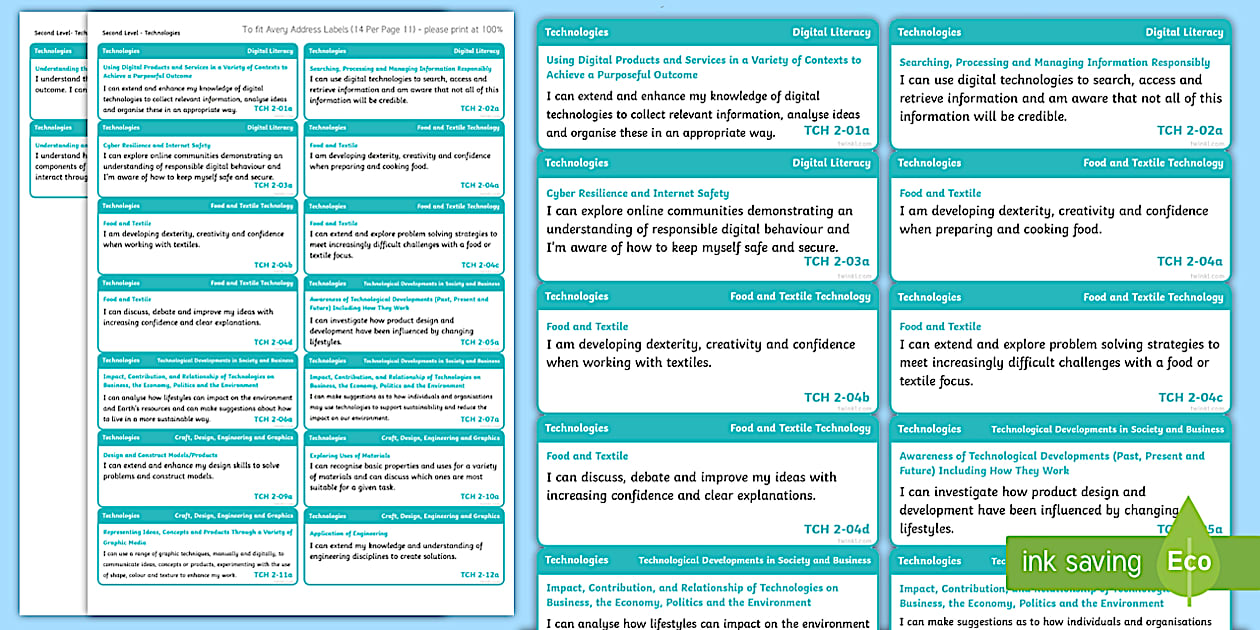 Editable CfE Second Level Technologies Experiences and Outcomes Stickers