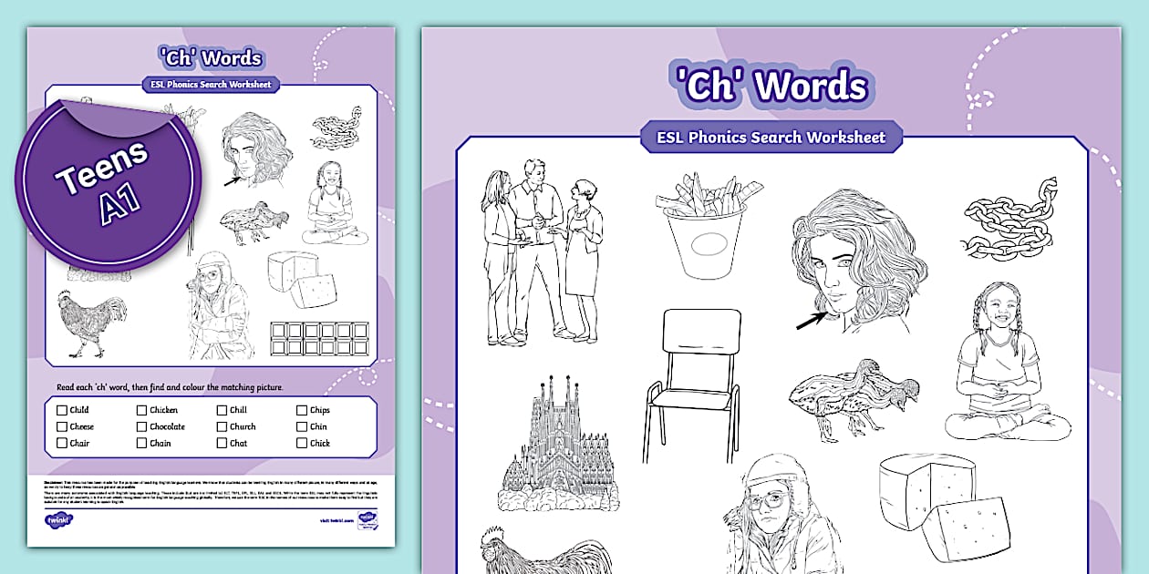 ESL 'Ch' Words Phonics Search Worksheet [Kids, A1] - Twinkl