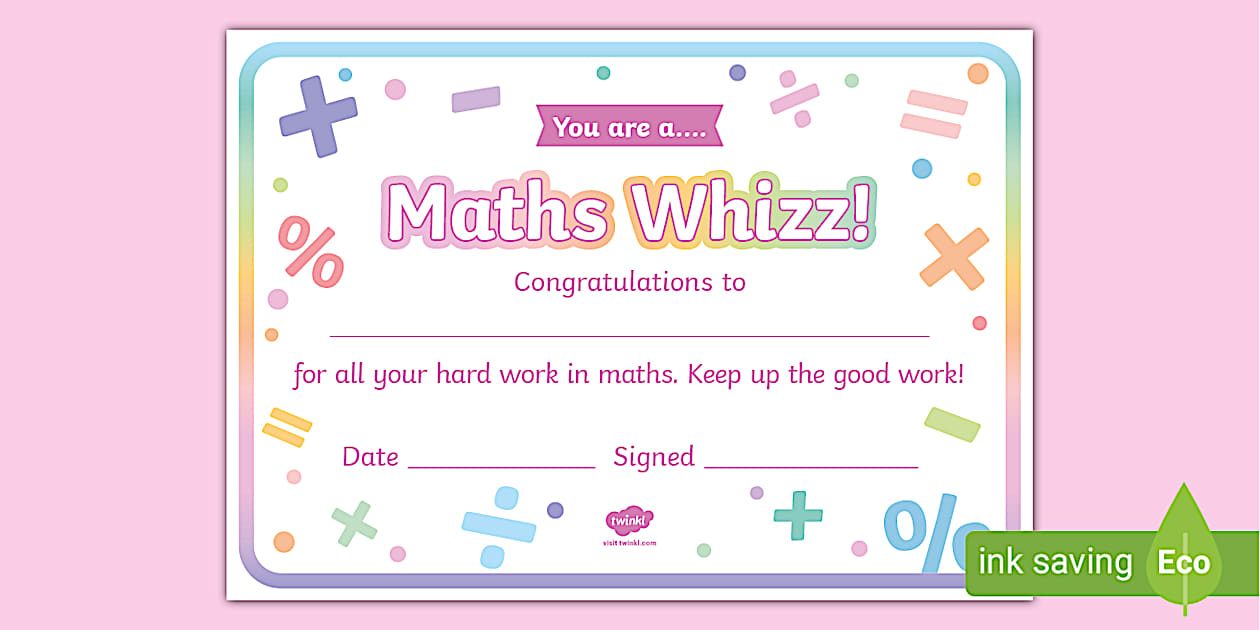 Maths Whizz Certificate - Twinkl - KS1 (teacher made)