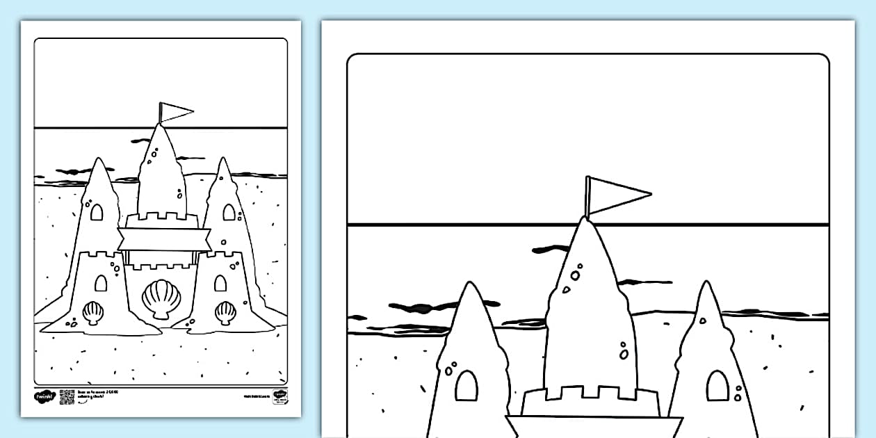 Large Seaside Themed Sandcastle Colouring Template - Twinkl