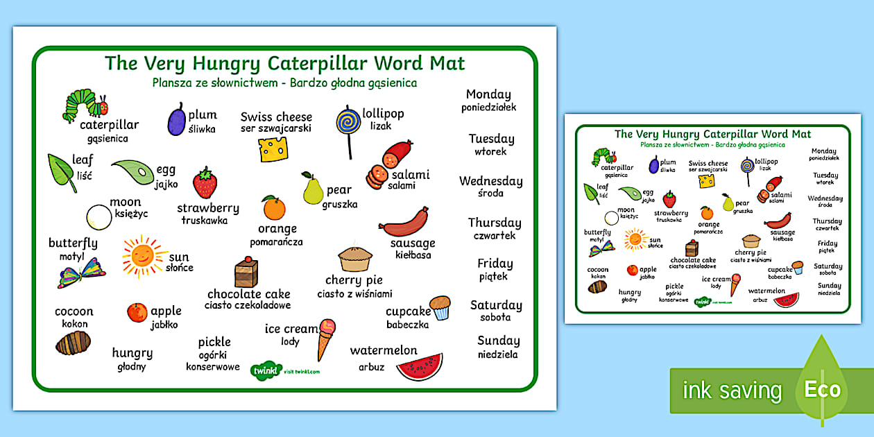 The Very Hungry Caterpillar Word Mat Polish Translation