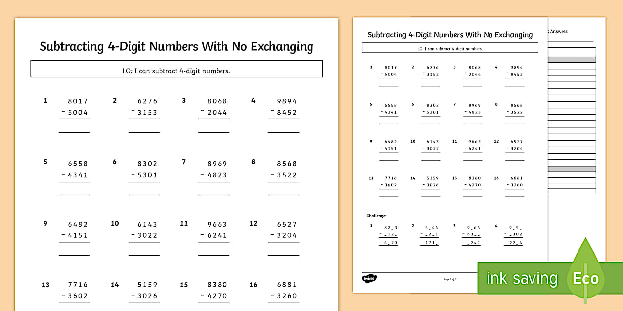 Subtracting 4 Digit Numbers With No Exchanging - Twinkl