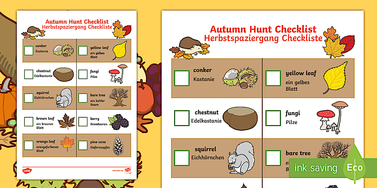 Autumn Hunt Checklist English/German (teacher made) - Twinkl