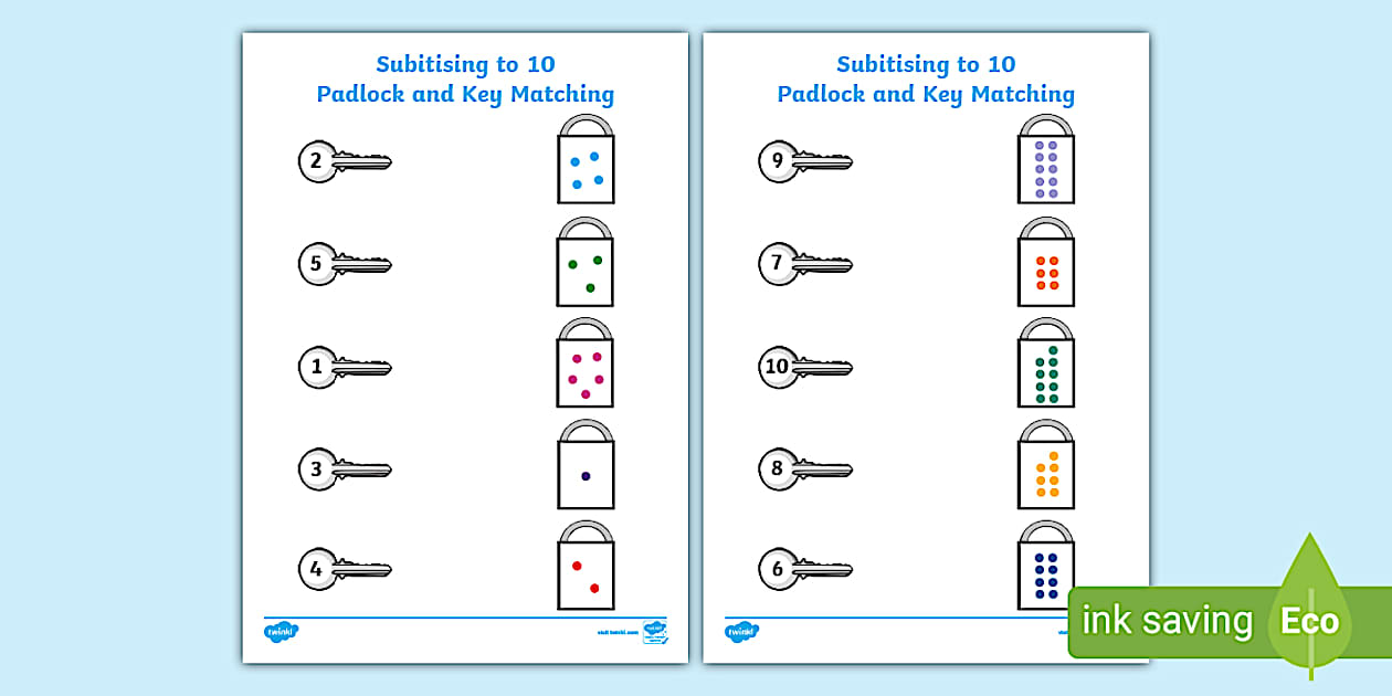 👉 Subitising Numbers to 10 Padlock And Key Matching Activity