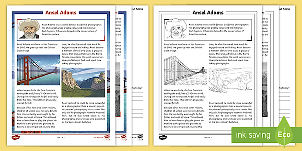 Fourth Grade Ansel Adams Reading Comprehension Worksheet