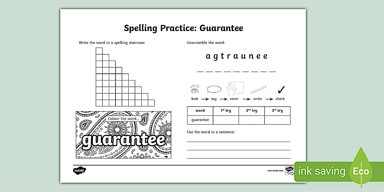 Guarantee Spelling Practice Worksheet (teacher made)
