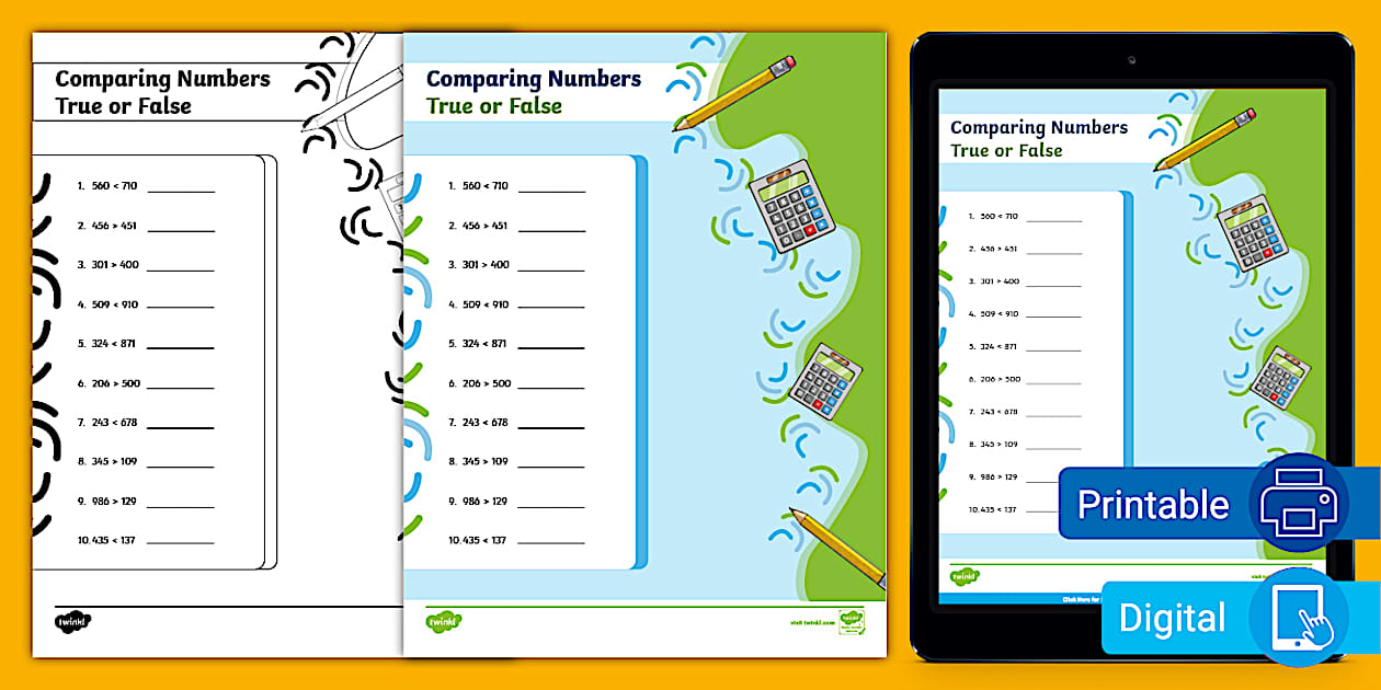 Third Grade Comparing Numbers True or False Activity Sheet