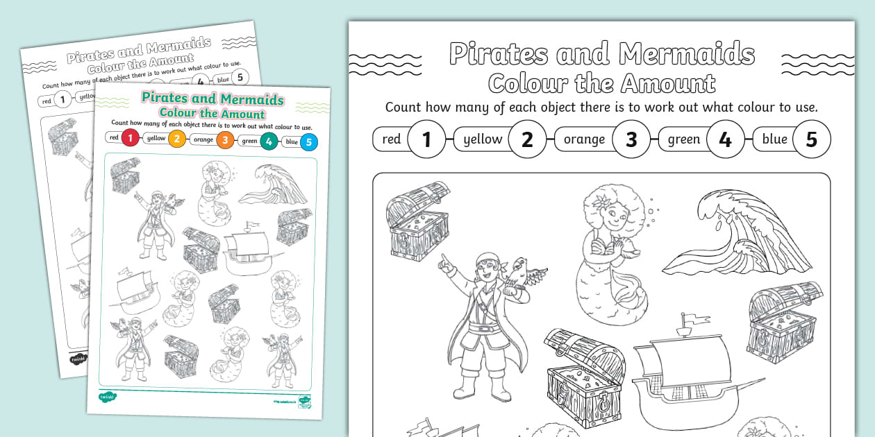 Pirates and Mermaids Colour the Amount Worksheet - Twinkl