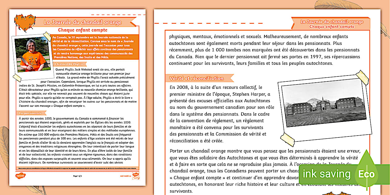 FREE Orange Shirt Day Intermediate Fact File French