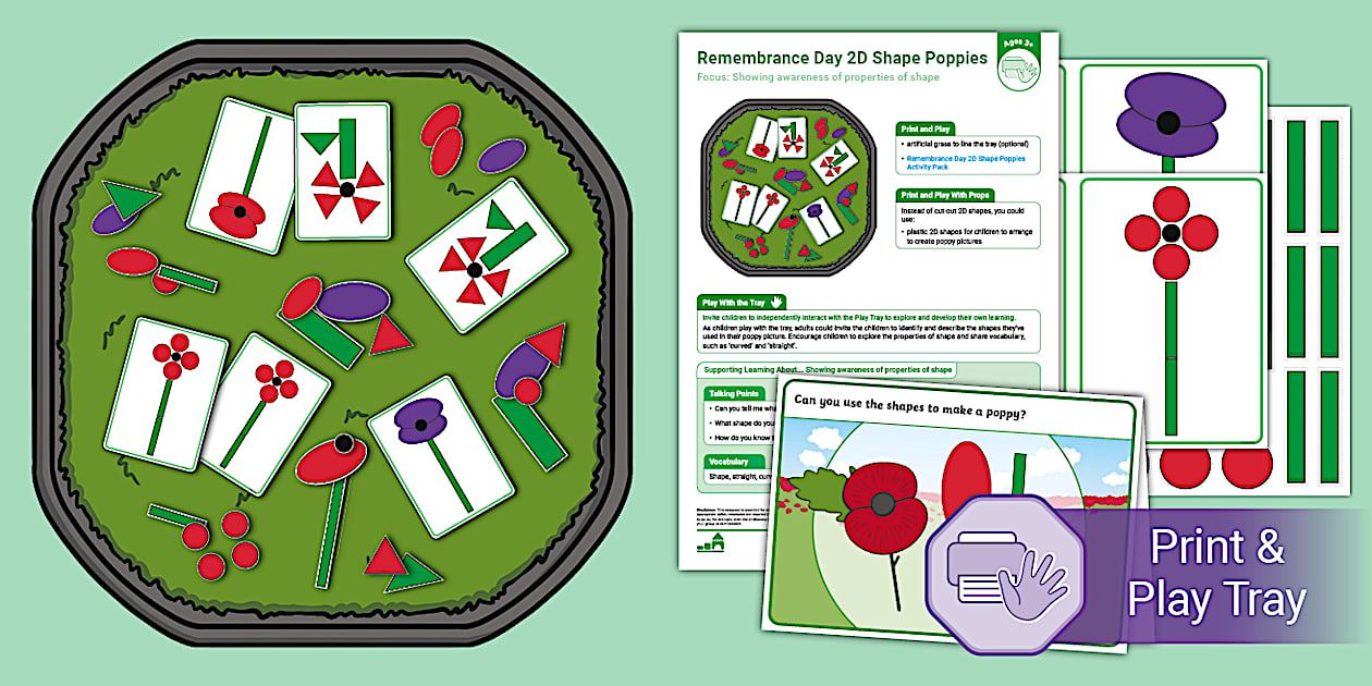 👉 Remembrance Day 2D Shape Poppies Print and Play Tray