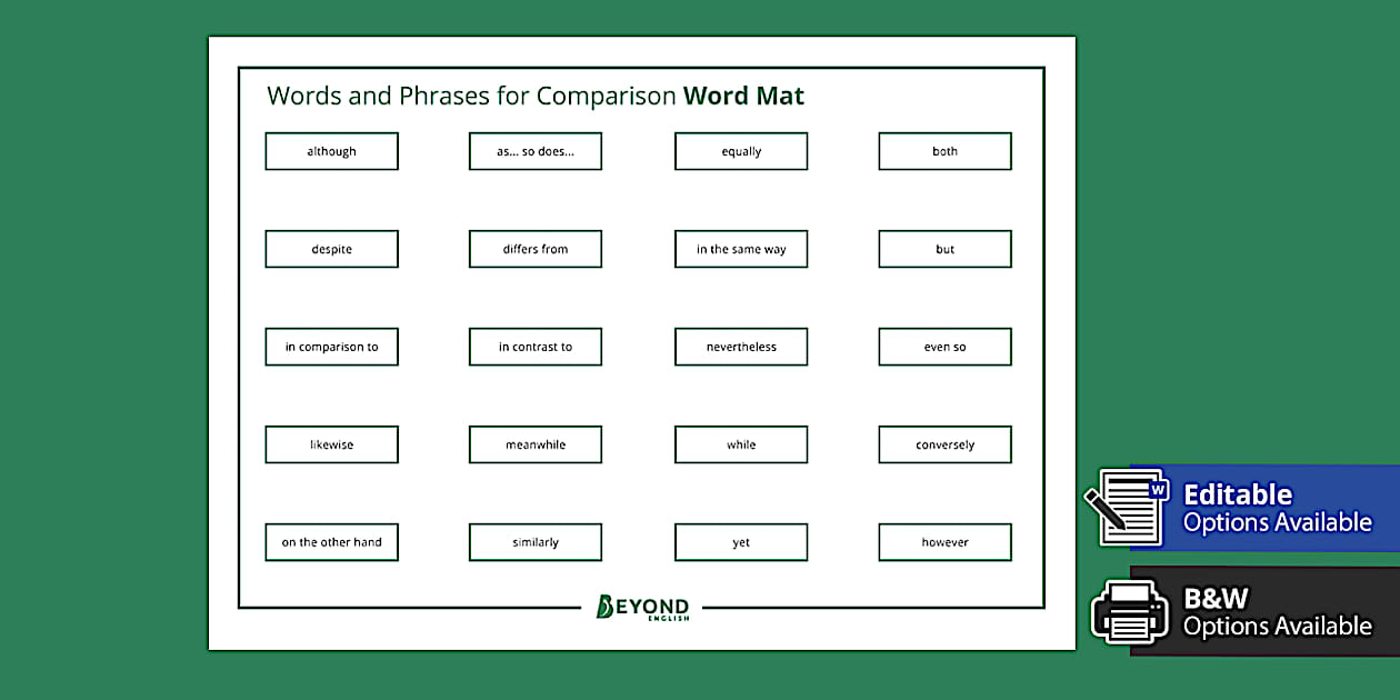 Black and White Writing Comparisons Word Mat (teacher made)
