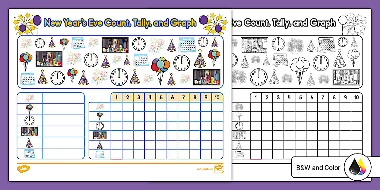 First Grade New Year's Eve Count, Tally, and Graph Worksheet