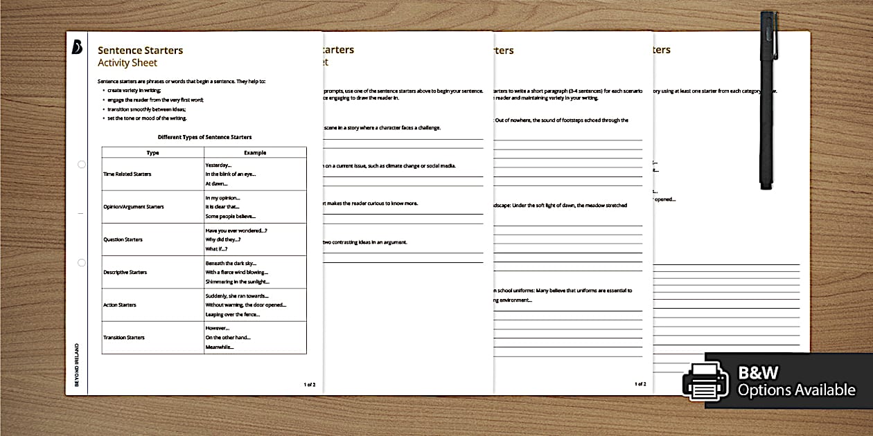 Sentence Starters Worksheet