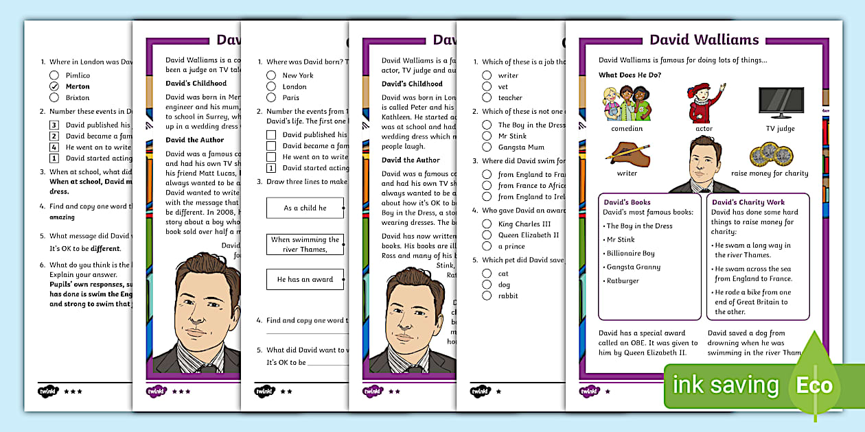 KS1 David Walliams Differentiated Reading Comprehension Activity