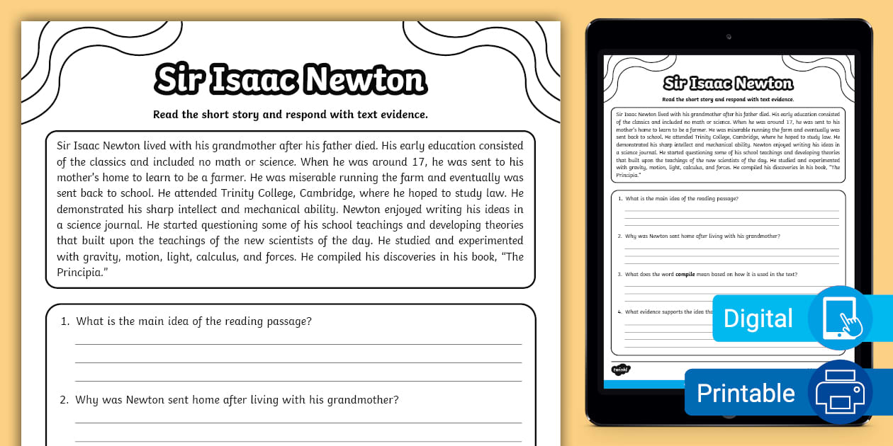 Prove It! Newton Text Evidence Worksheet for 6th-8th Grade