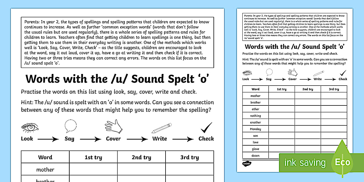 Year 2 Spelling Practice /u/ Sound Spelt 'o' Homework Worksheet / Worksheet