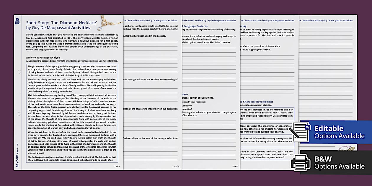 Short Story: 'The Diamond Necklace' Comprehension Activities