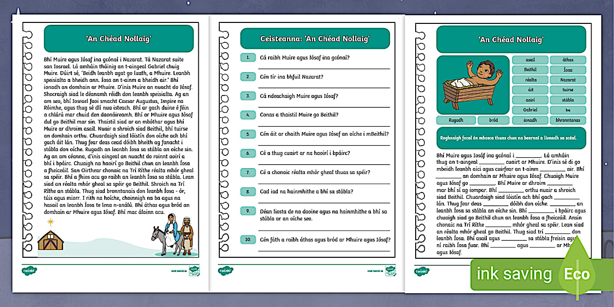 An Chéad Nollaig Comprehension Questions and Cloze Activity Gaeilge