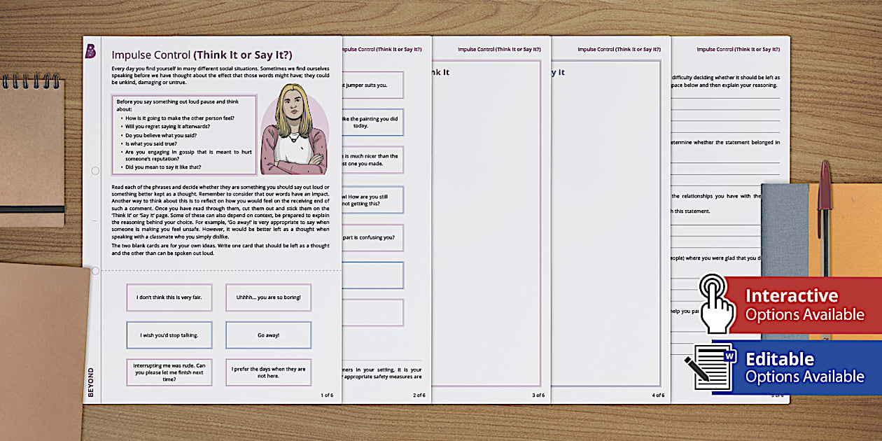 Impulse Control (Think It or Say It?) Worksheet - Twinkl
