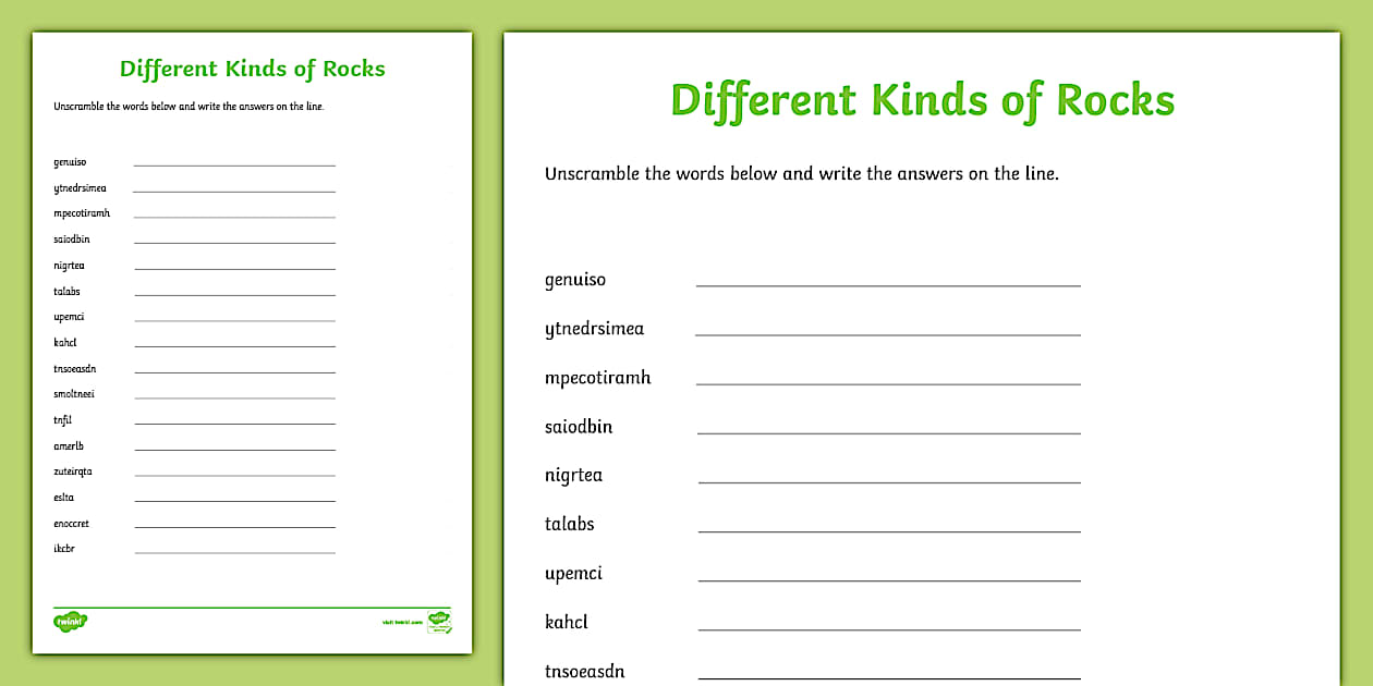 Different Kinds of Rocks Word Unscramble Worksheet - Twinkl