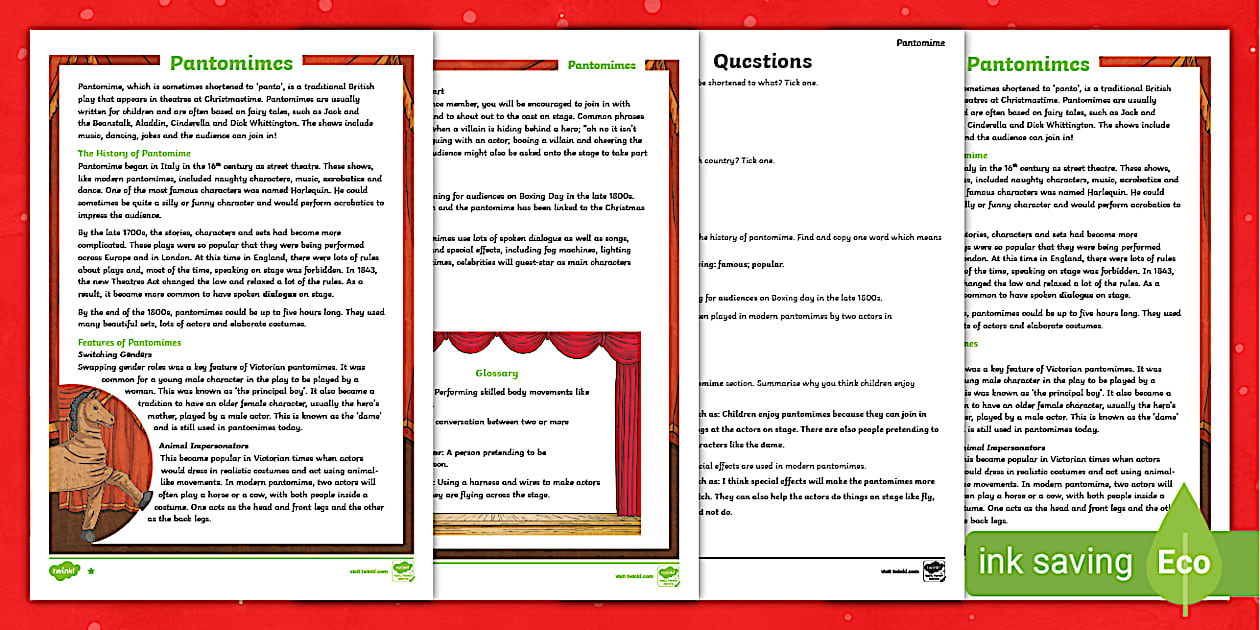 UKS2 Pantomime Differentiated Reading Comprehension Activity