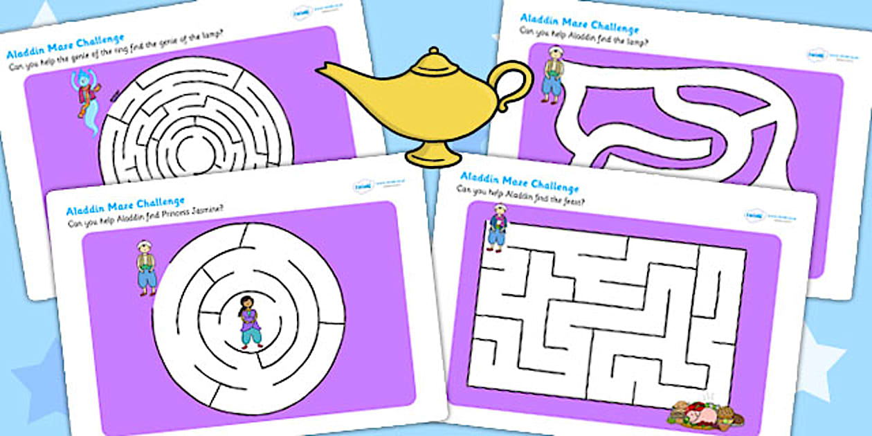 Black and White Aladdin Differentiated Maze Worksheet Pack