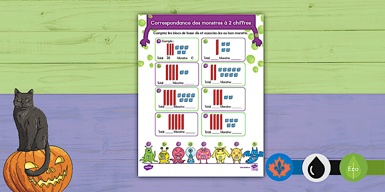 Monster Math Place Value to 50 Worksheet French - Twinkl