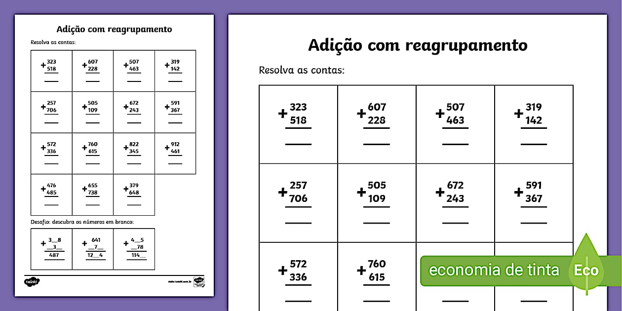 Contas de Matemática para Imprimir – Adição com Reserva