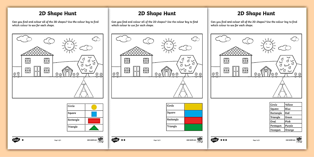 2D Shape Hunt Colouring Activity Sheets (teacher made)