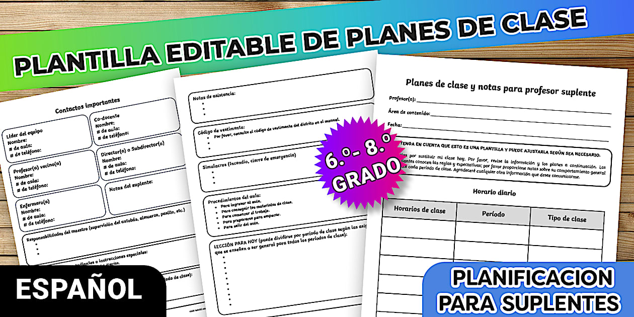 Plantilla editable de planes de clase y notas para profesor suplente para