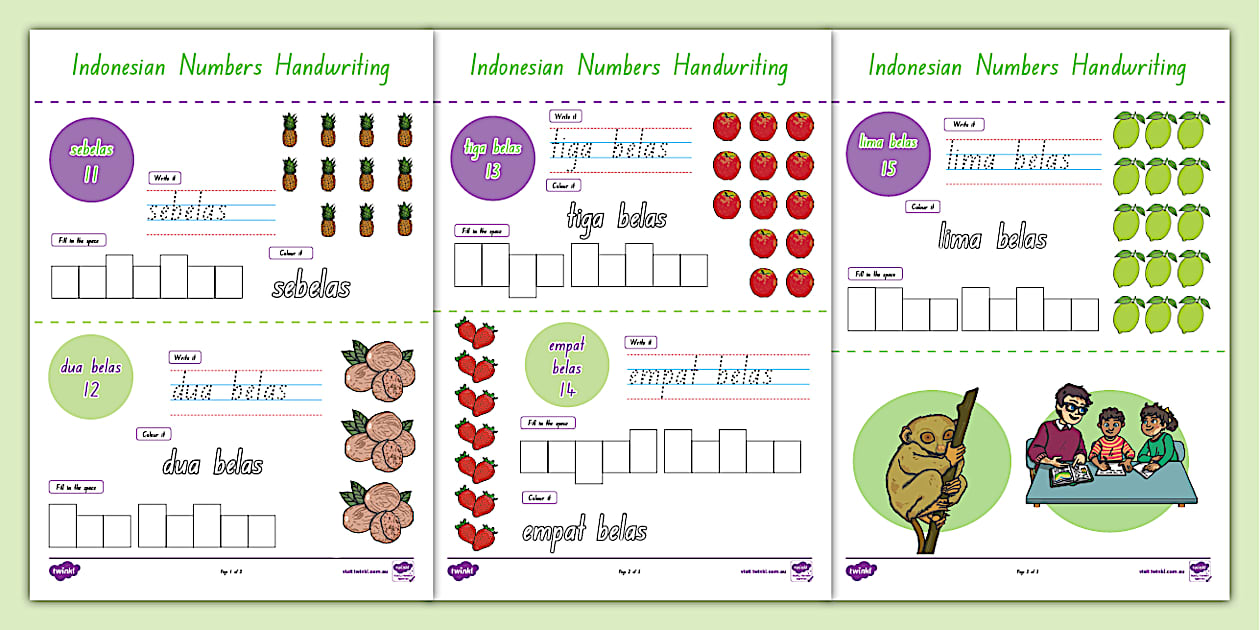 Indonesian Numbers 11-15 Handwriting Activity (teacher made)
