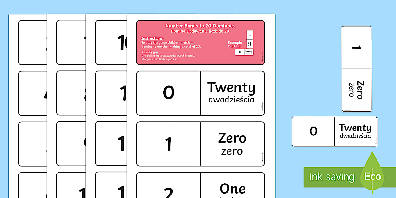 Number Bonds to 20 Dominoes English/Polish (teacher made)
