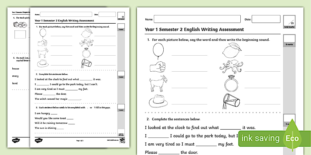 Year 1 Semester 2 English Writing Assessment (teacher made)