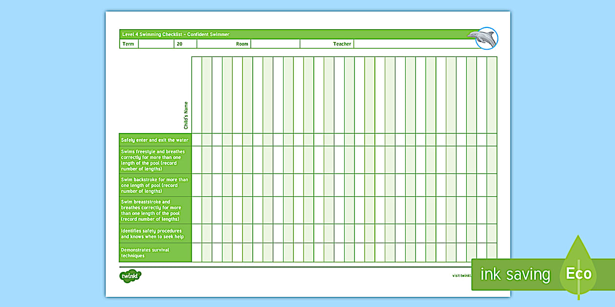 Editable New Zealand Level 4 Swimming Assessment Checklist