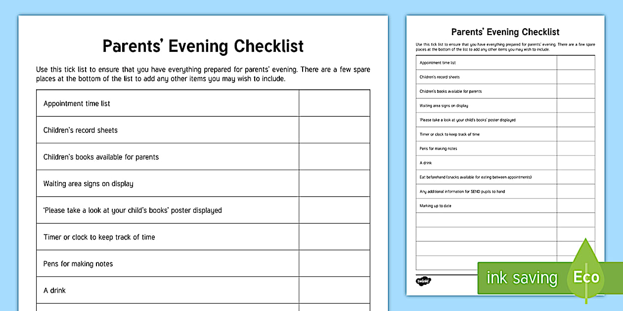 Editable Parents' Evening Checklist (teacher made) - Twinkl