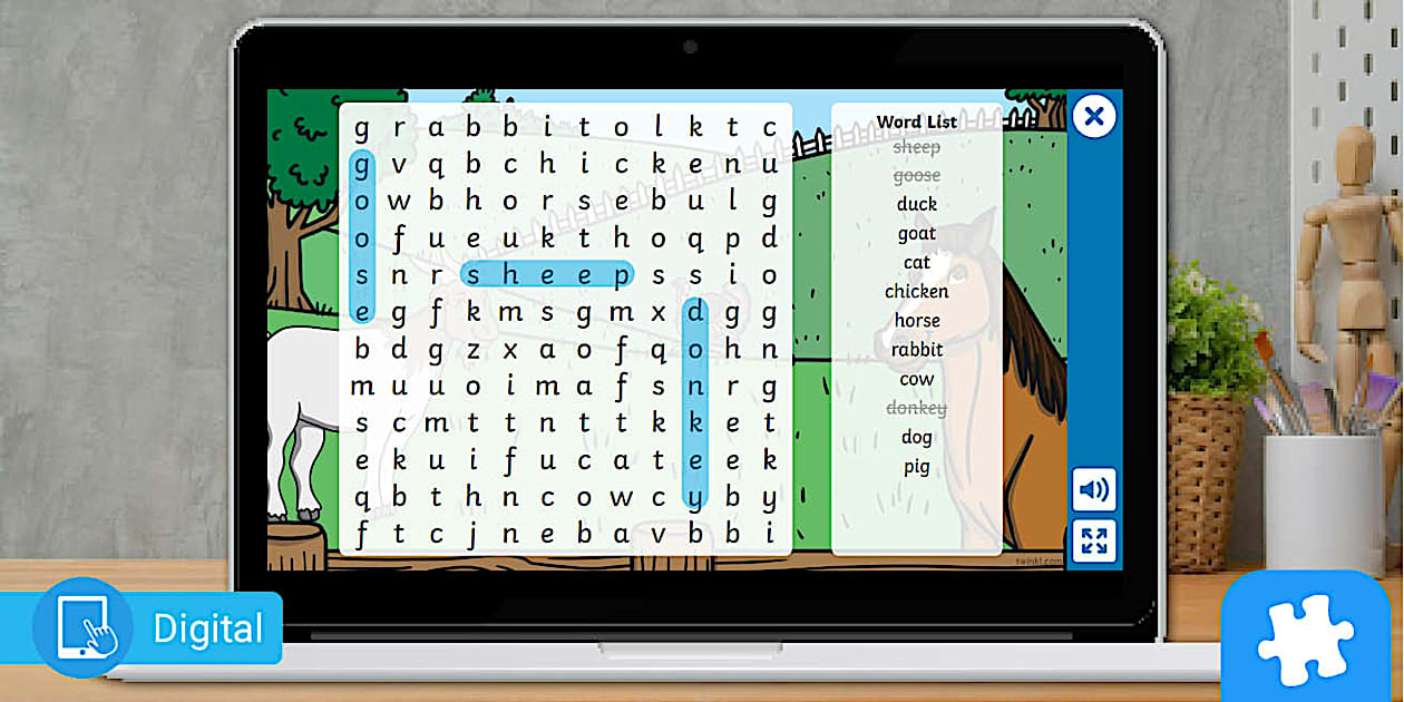 Fun Interactive Farm Animals Word Search Puzzle Game- Twinkl