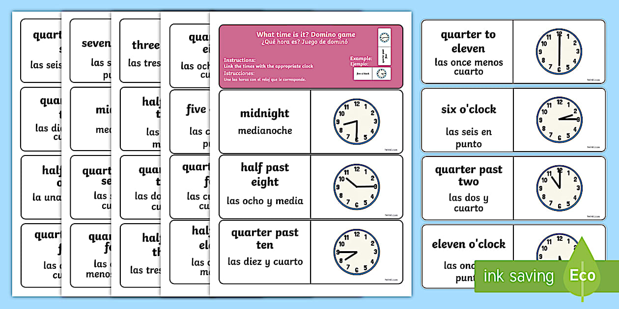 Telling the Time Dominoes English/Spanish - Twinkl