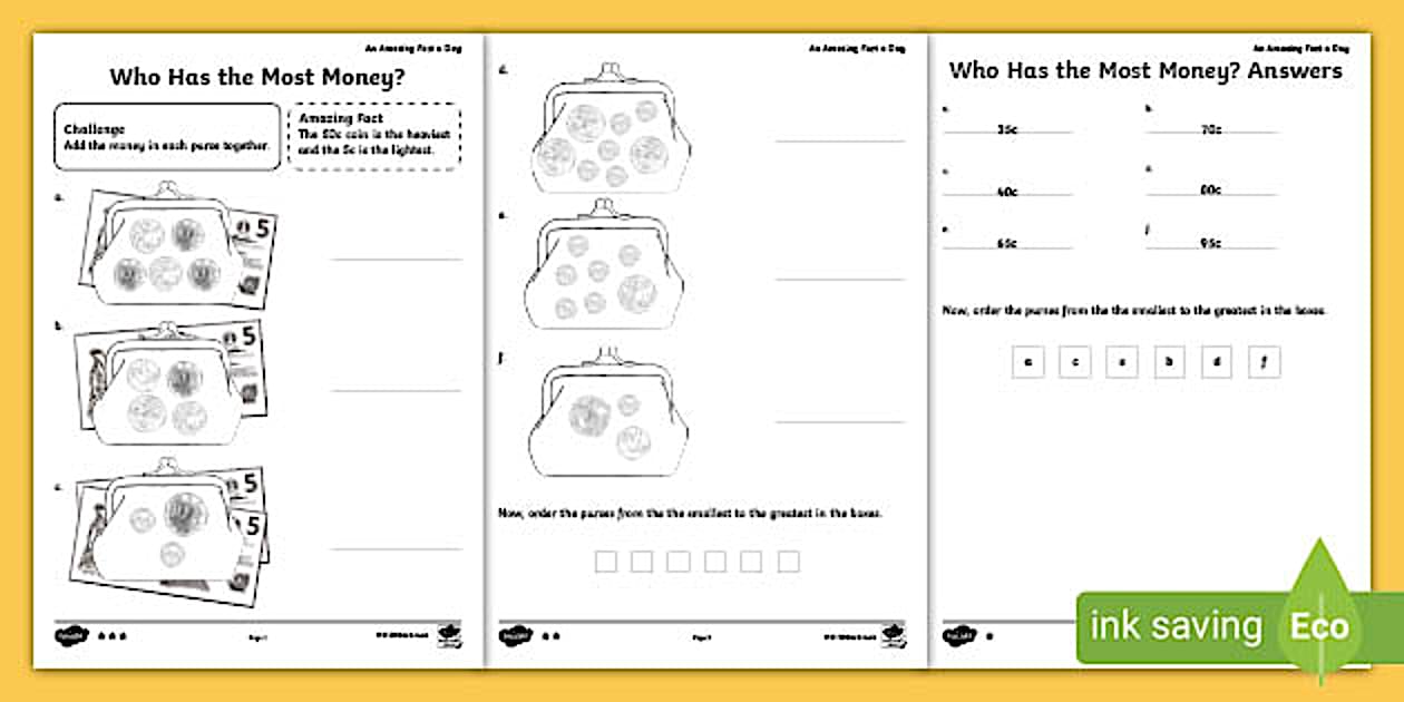 Who Has the Most Money? Australian Money Worksheet - Twinkl