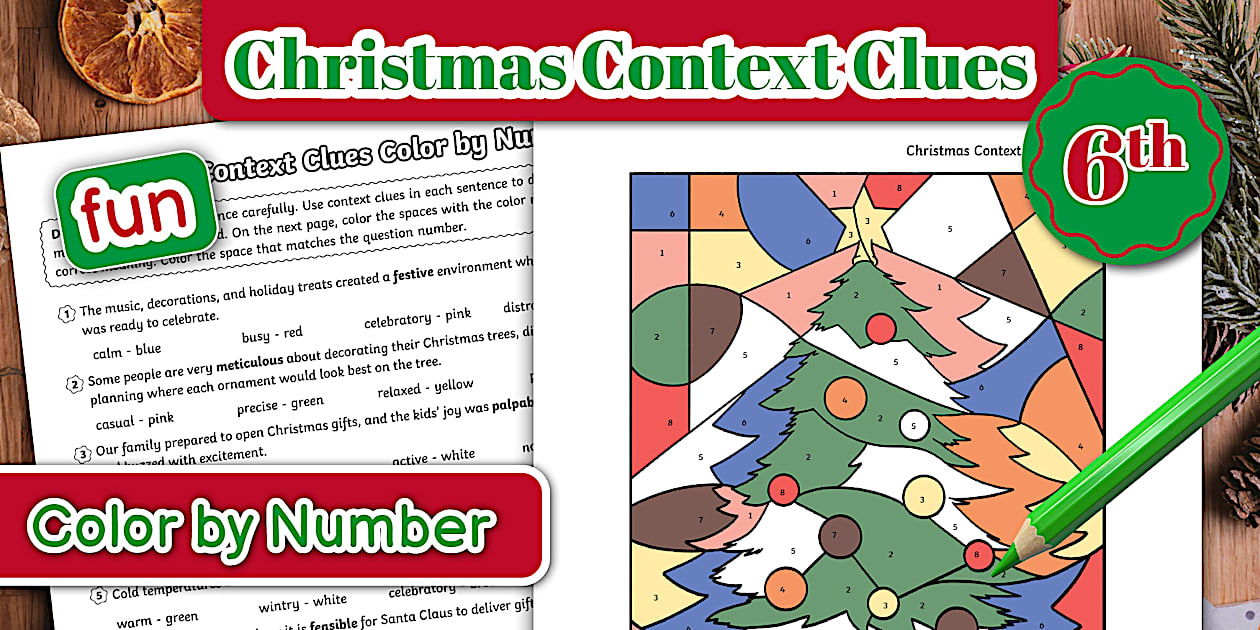 Sixth Grade Christmas Context Clues Color by Number - Twinkl