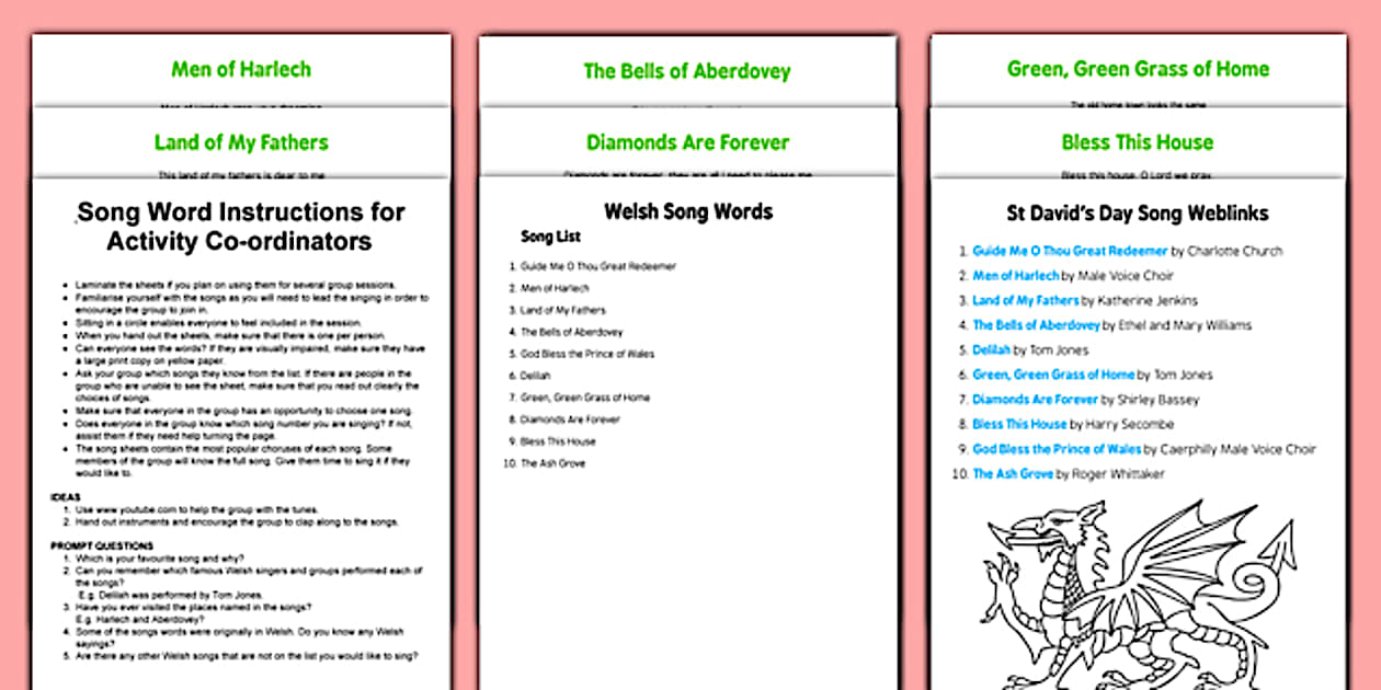 Care Home St David's Day Song Words Instructions for Activity Coordinator