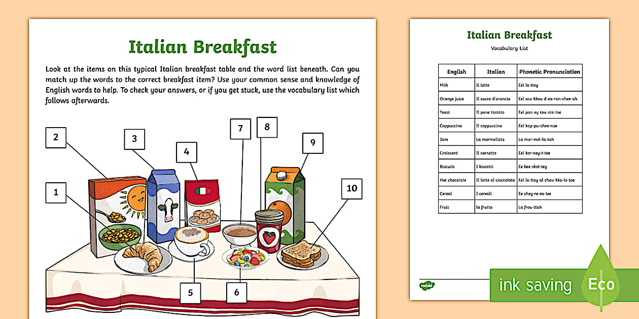 Italian Breakfast Label and Learn Worksheets (teacher made)