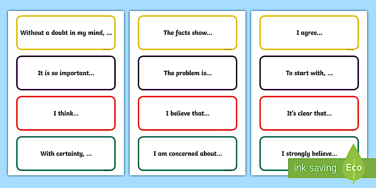 3-6 Persuasive Sentence Starters - Writing Aid Flash Cards