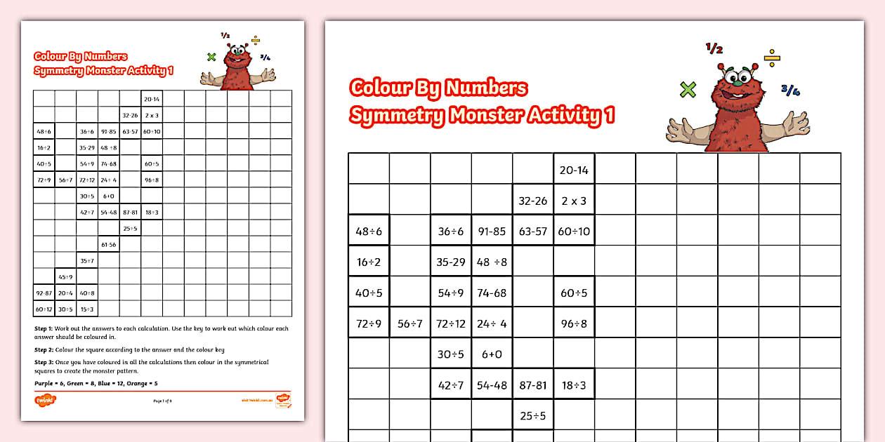 Colour By Numbers Symmetry Monster Activity (teacher made)