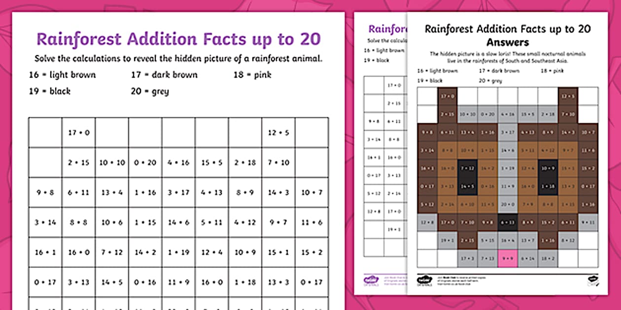 👉 KS1 Rainforest Slow Loris Addition Facts up to 20 Maths Mosaic Worksheet
