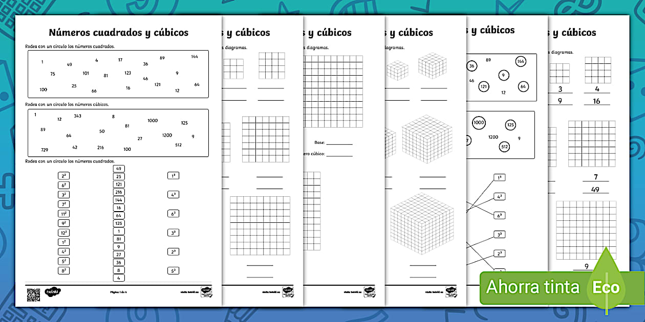 Fichas de actividad: Números cuadrados y cúbicos - Secundaria
