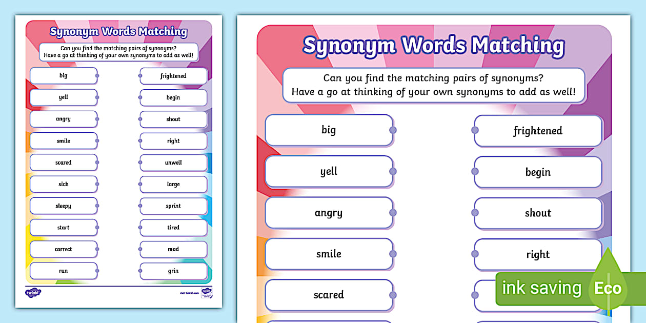 Synonym Words Matching Worksheet (teacher made) - Twinkl